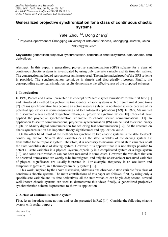 Generalized Projective Synchronization For A Class Of Continuous