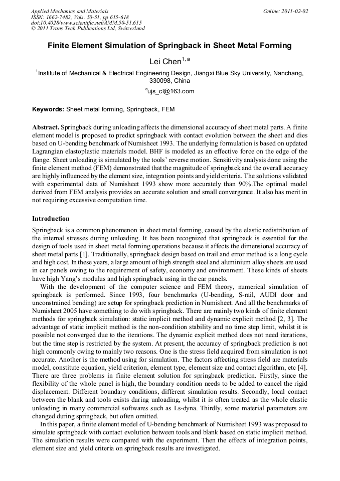 Finite Element Simulation of Springback in Sheet Metal Forming | Scientific.Net