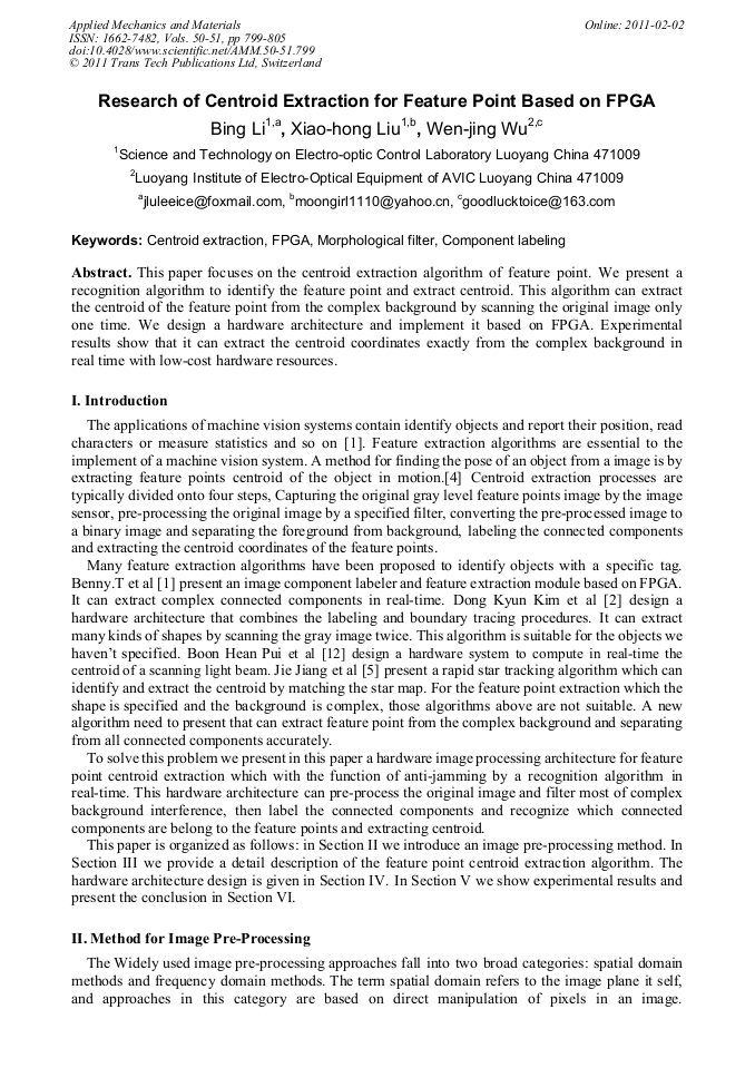 Research of Centroid Extraction for Feature Point Based on FPGA ...