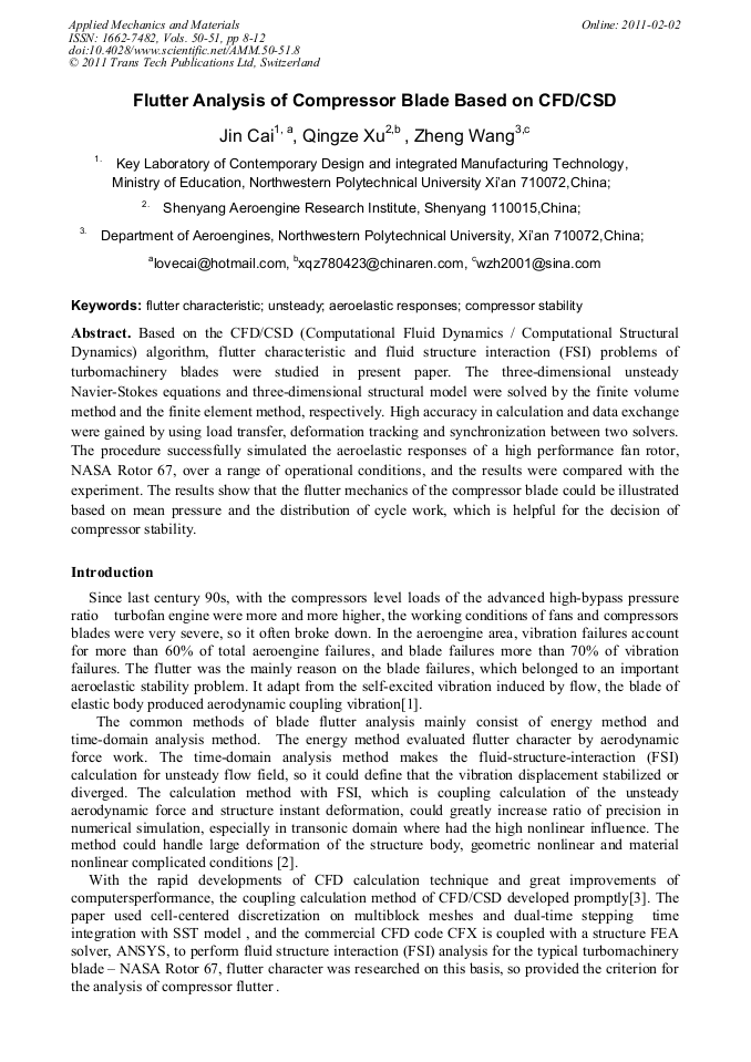 Flutter Analysis of Compressor Blade Based on CFD/CSD | Scientific.Net