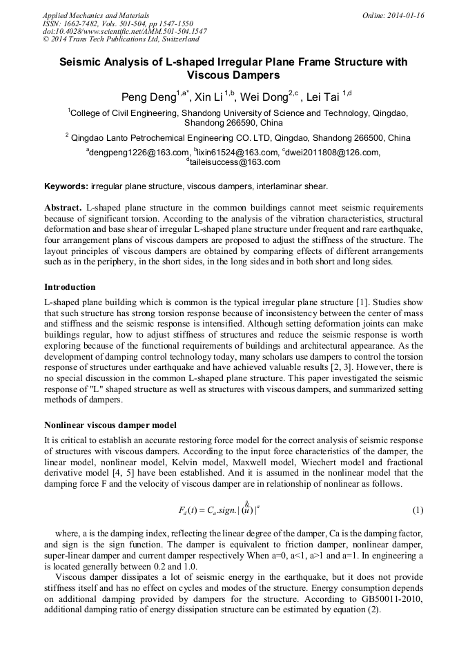 Seismic Analysis of L-Shaped Irregular Plane Frame Structure with ...