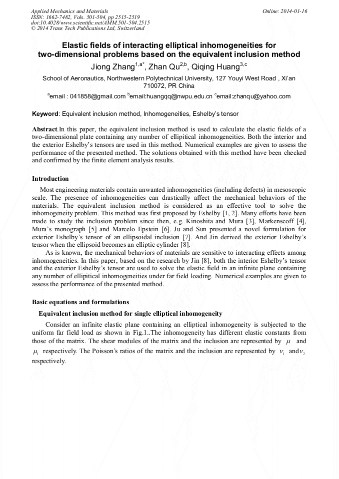 Elastic Fields of Interacting Elliptical Inhomogeneities for Two ...