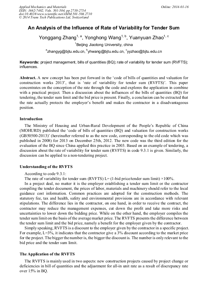 An Analysis of the Influence of Rate of Variability for Tender Sum ...