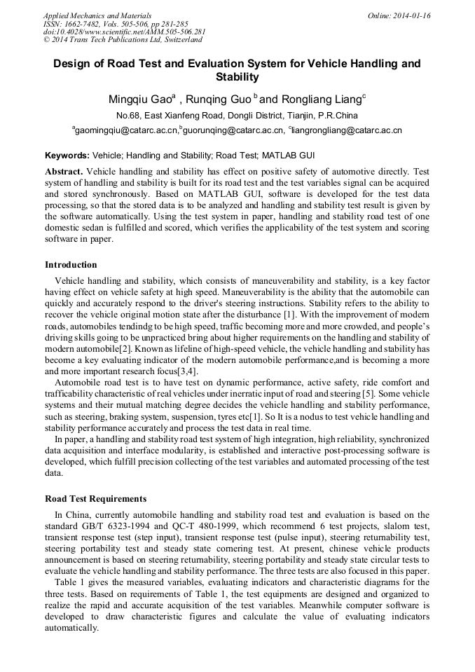 Design of Road Test and Evaluation System for Vehicle Handling and ...