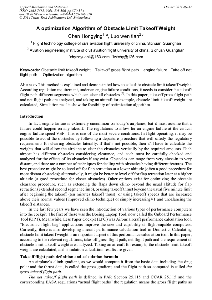 A Optimization Algorithm of Obstacle Limit Takeoff Weight | Scientific.Net