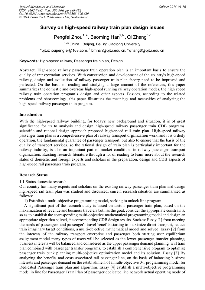 Survey on High-Speed Railway Train Plan Design Issues | Scientific.Net