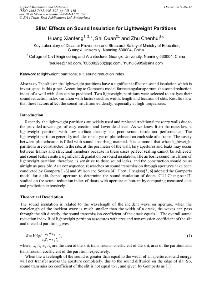 Slits' Effects on Sound Insulation for Lightweight Partitions ...