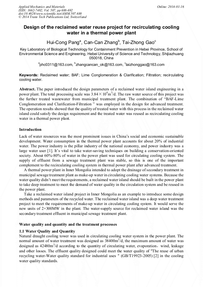 Design of the Reclaimed Water Reuse Project for Recirculating Cooling ...