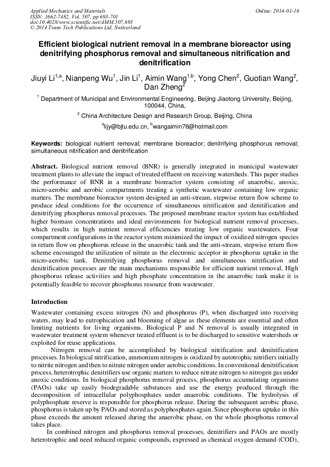Efficient Biological Nutrient Removal in a Membrane Bioreactor Using ...