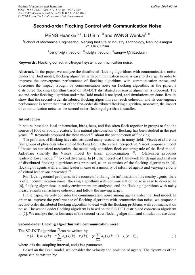 Second-Order Flocking Control with Communication Noise | Scientific.Net