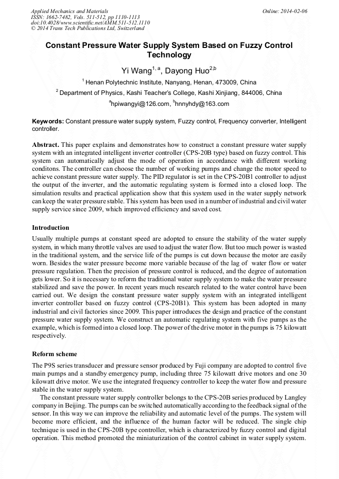 Constant Pressure Water Supply System Based on Fuzzy Control Technology ...