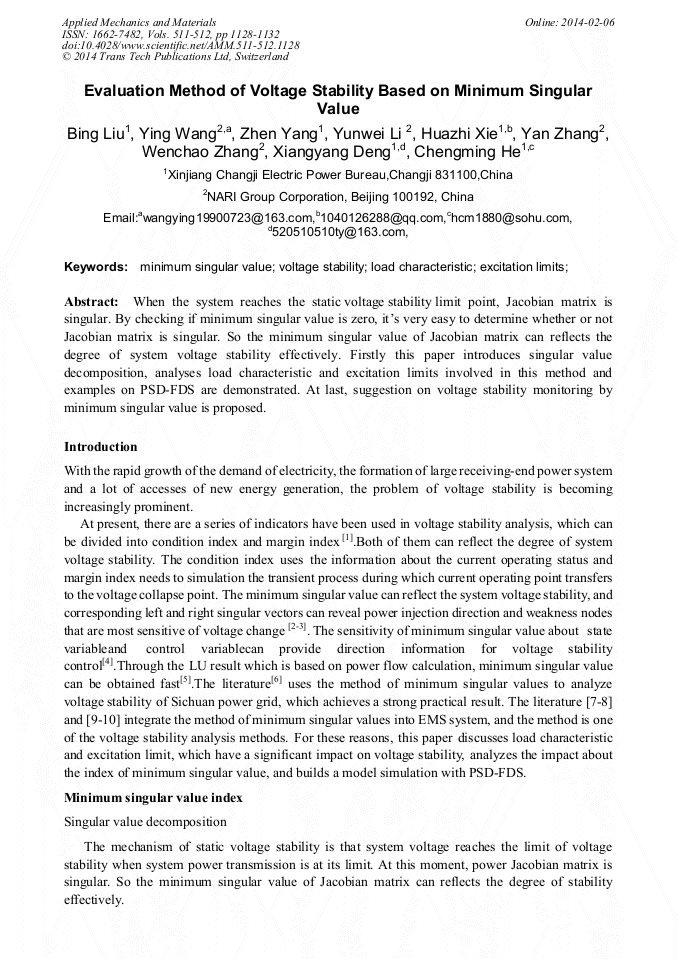 Evaluation Method of Voltage Stability Based on Minimum Singular Value ...
