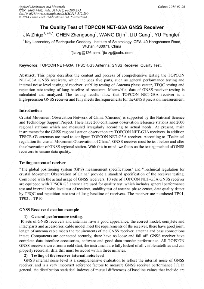 The Quality Test of TOPCON NET-G3A GNSS Receiver | Scientific.Net