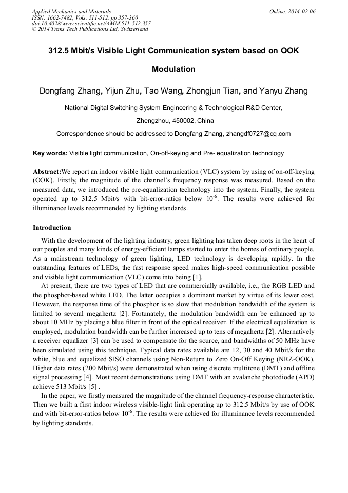 312.5 Mbit/s Visible Light Communication System Based on OOK Modulation ...