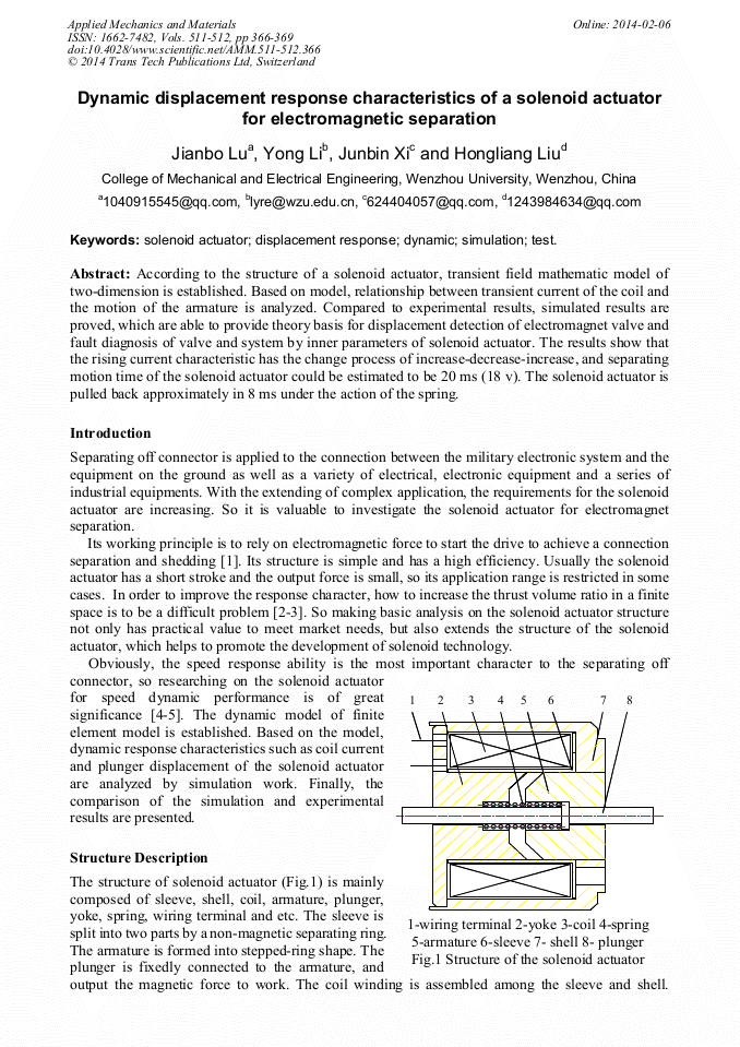 Dynamic Displacement Response Characteristics of a Solenoid Actuator ...