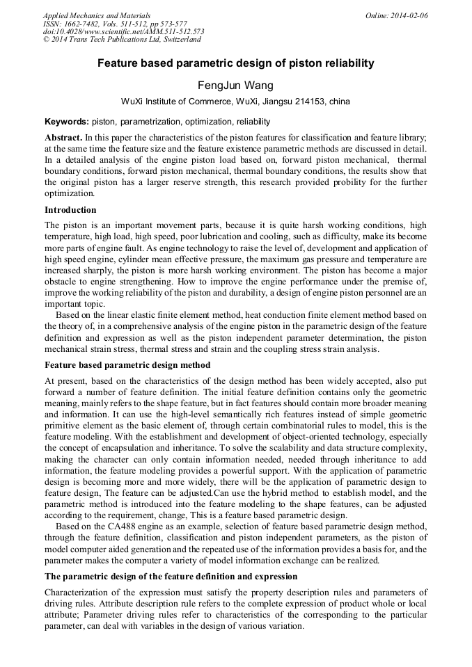 Feature Based Parametric Design of Piston Reliability | Scientific.Net