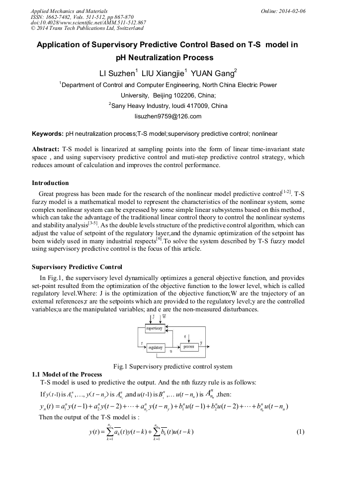 Application of Supervisory Predictive Control Based on T-S Model in pH Neutralization Process ...