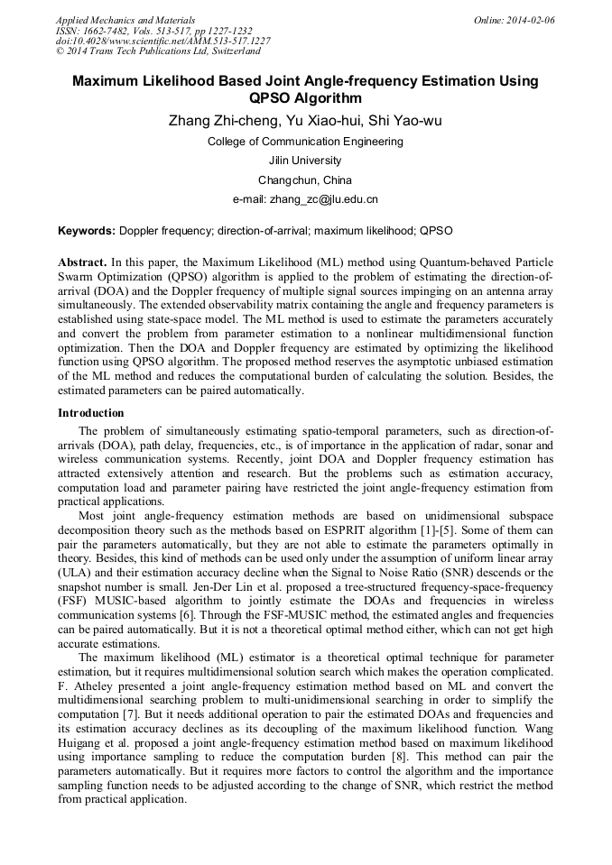 Maximum Likelihood Based Joint Angle-Frequency Estimation Using QPSO Algorithm | Scientific.Net