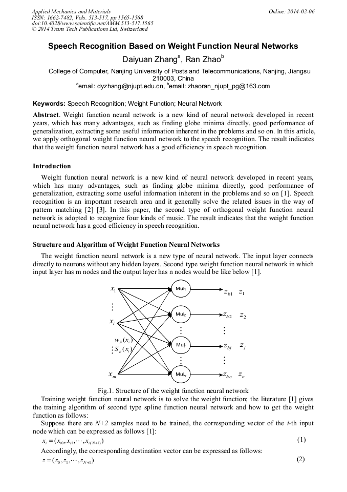 Speech Recognition Based on Weight Function Neural Networks ...