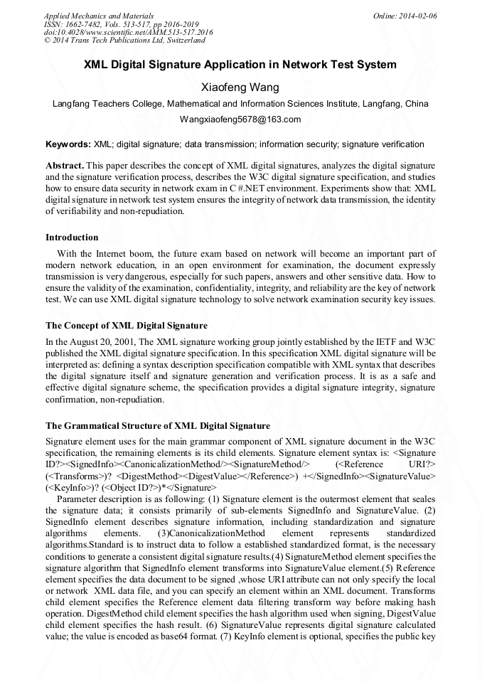 XML Digital Signature Application in Network Test System | Scientific.Net