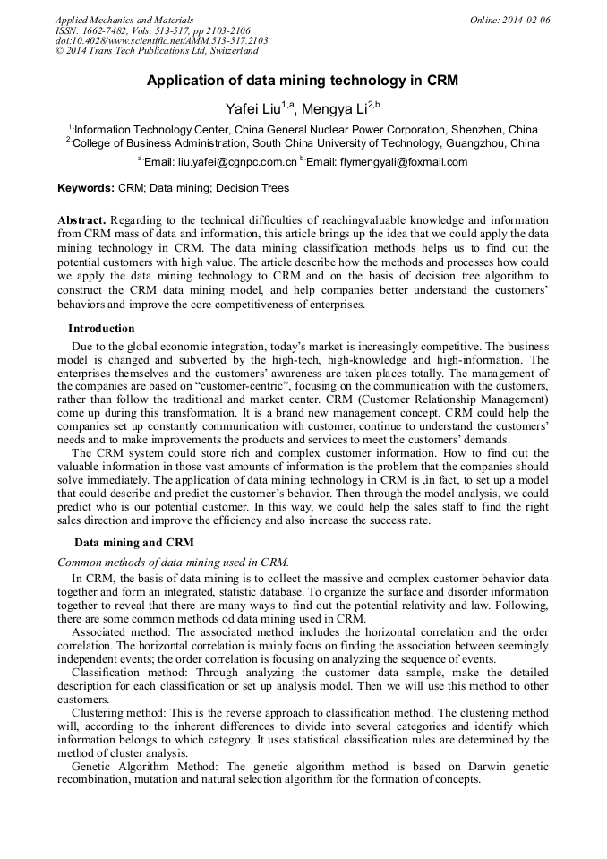 Application of Data Mining Technology in CRM | Scientific.Net