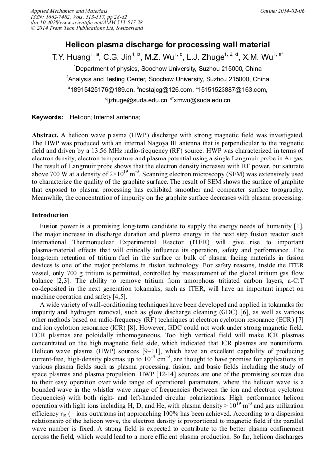 Helicon Plasma Discharge for Processing Wall Material | Scientific.Net