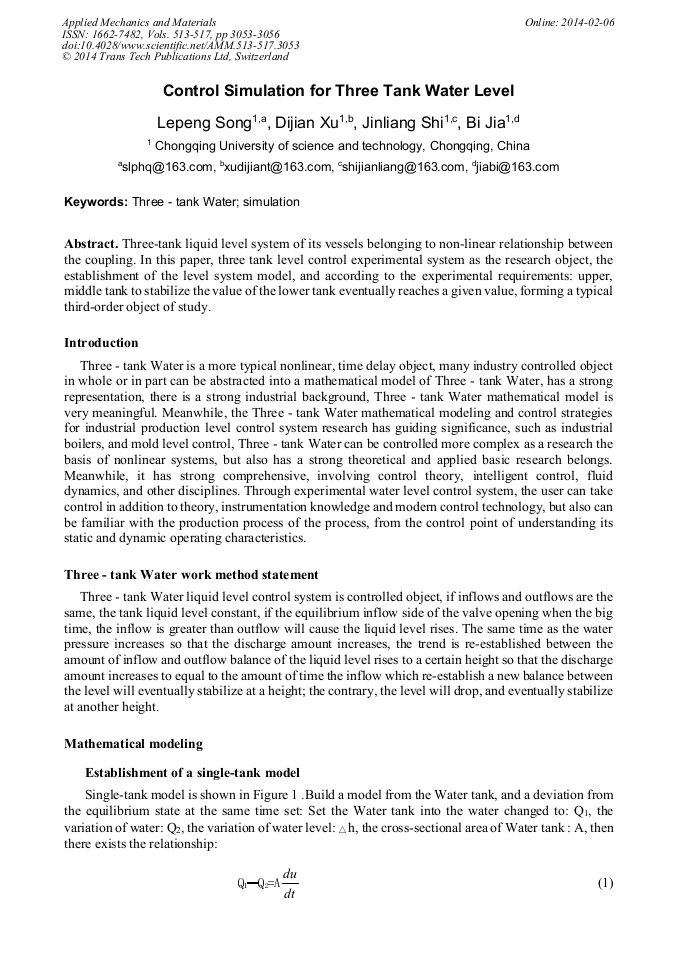 Control Simulation for Three Tank Water Level | Scientific.Net