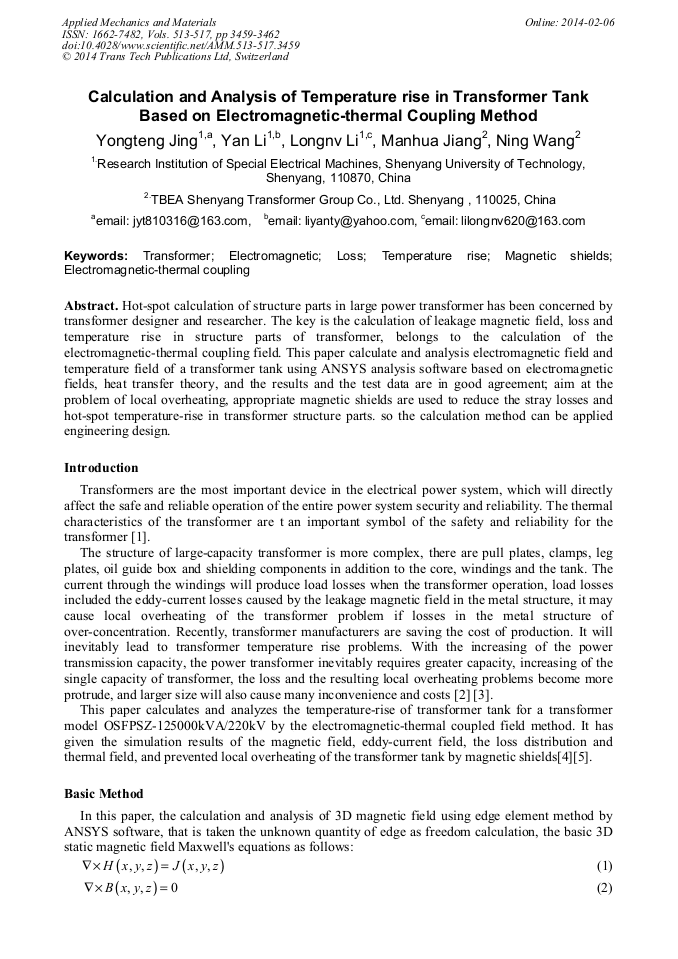 Calculation and Analysis of Temperature Rise in Transformer Tank Based ...
