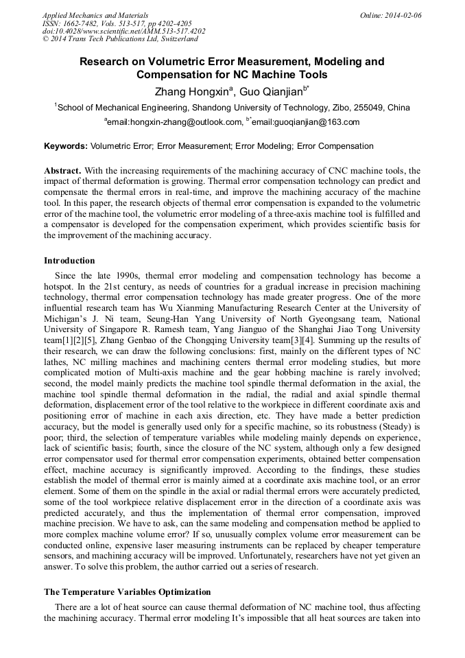 Research on Volumetric Error Measurement, Modeling and Compensation for ...