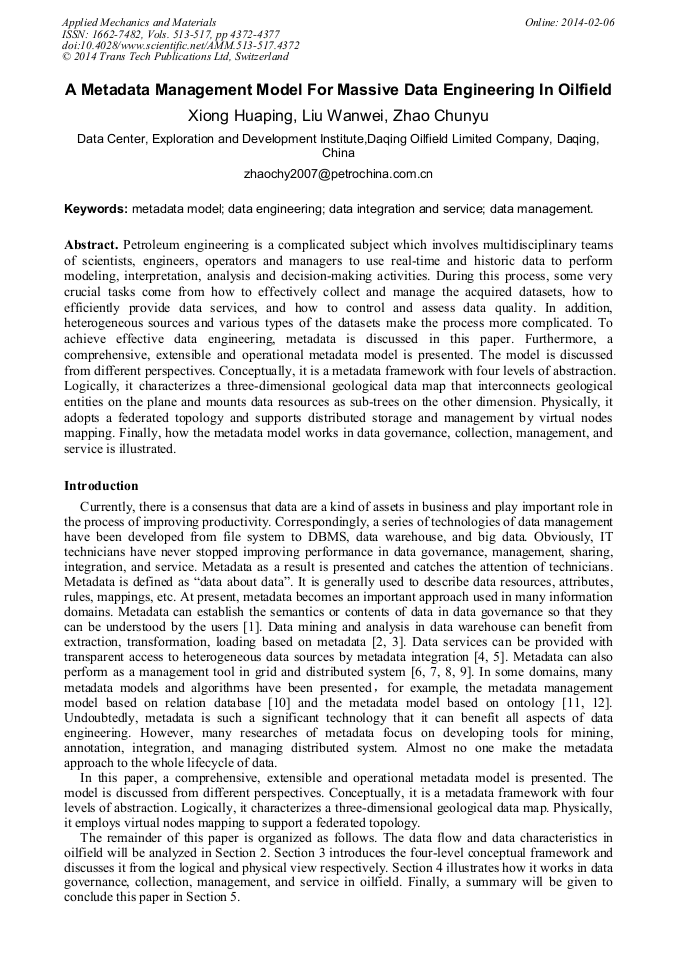A Metadata Management Model for Massive Data Engineering in Oilfield ...