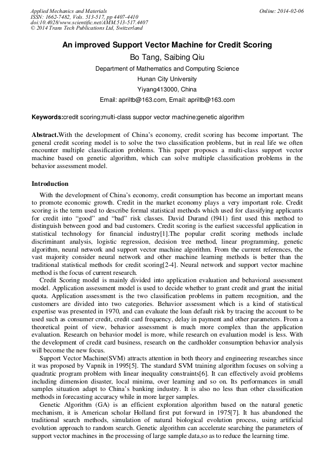 An Improved Support Vector Machine for Credit Scoring | Scientific.Net
