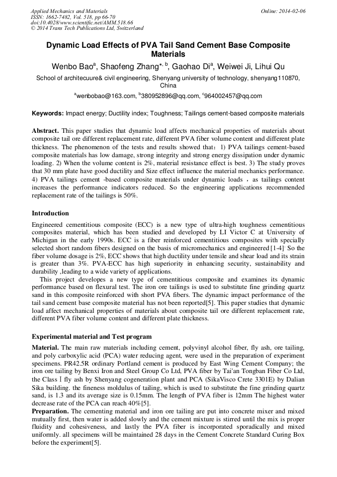 Dynamic Load Effects of PVA Tail Sand Cement Base Composite Materials ...