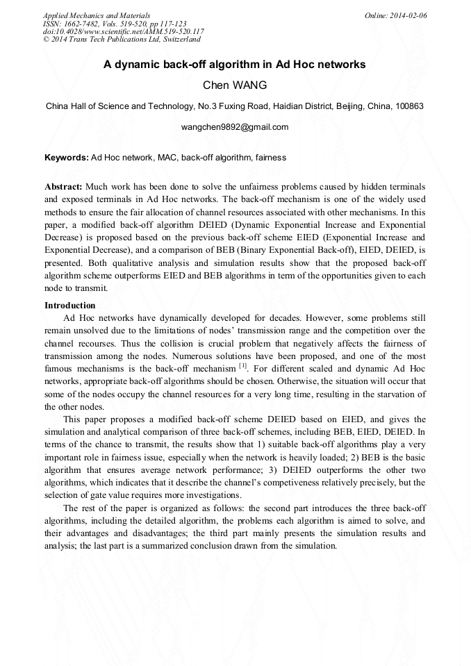 A Dynamic Back-Off Algorithm in Ad Hoc Networks | Scientific.Net
