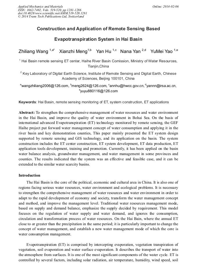 Construction and Application of Remote Sensing Based Evapotranspiration ...
