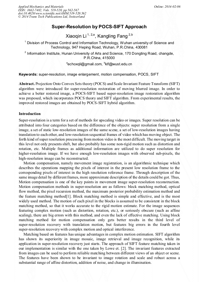 Super-Resolution by POCS-SIFT Approach | Scientific.Net