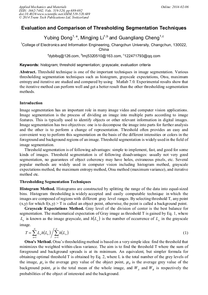 Evaluation and Comparison of Thresholding Segmentation Techniques | Scientific.Net