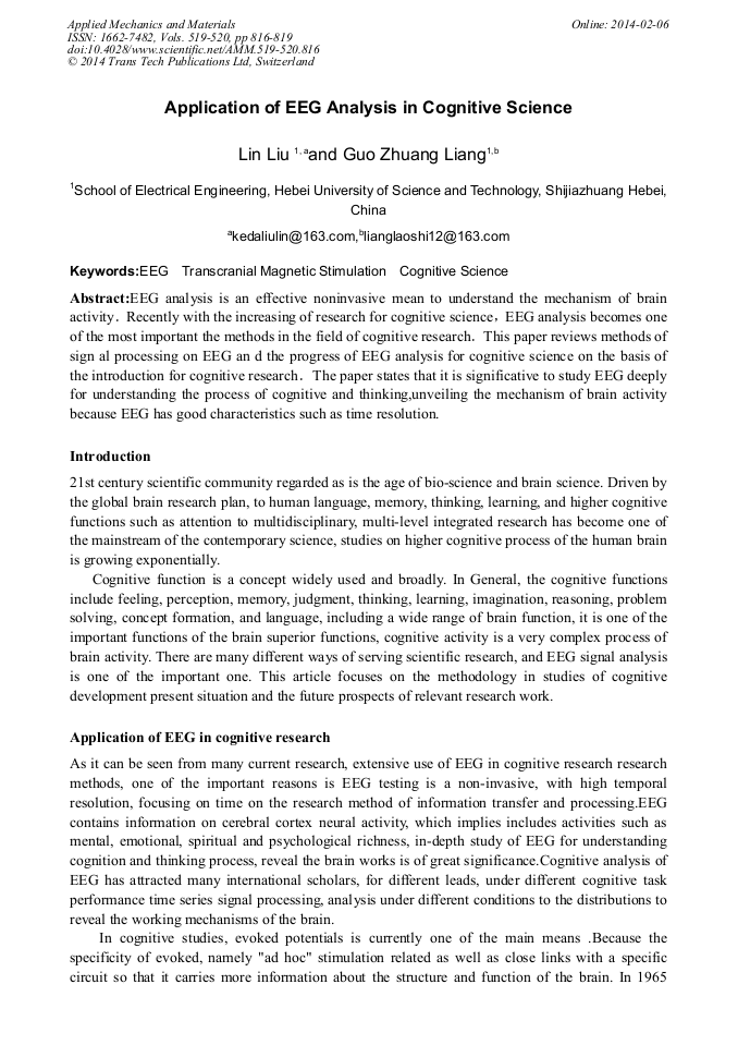 Application of EEG Analysis in Cognitive Science | Scientific.Net