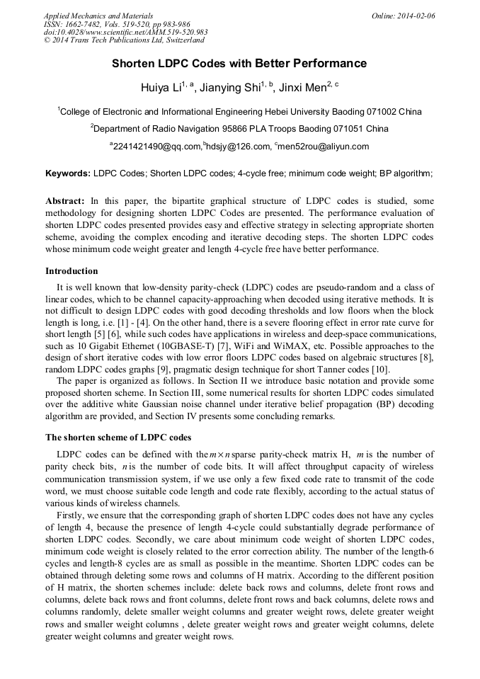 Shorten LDPC Codes with Better Performance | Scientific.Net
