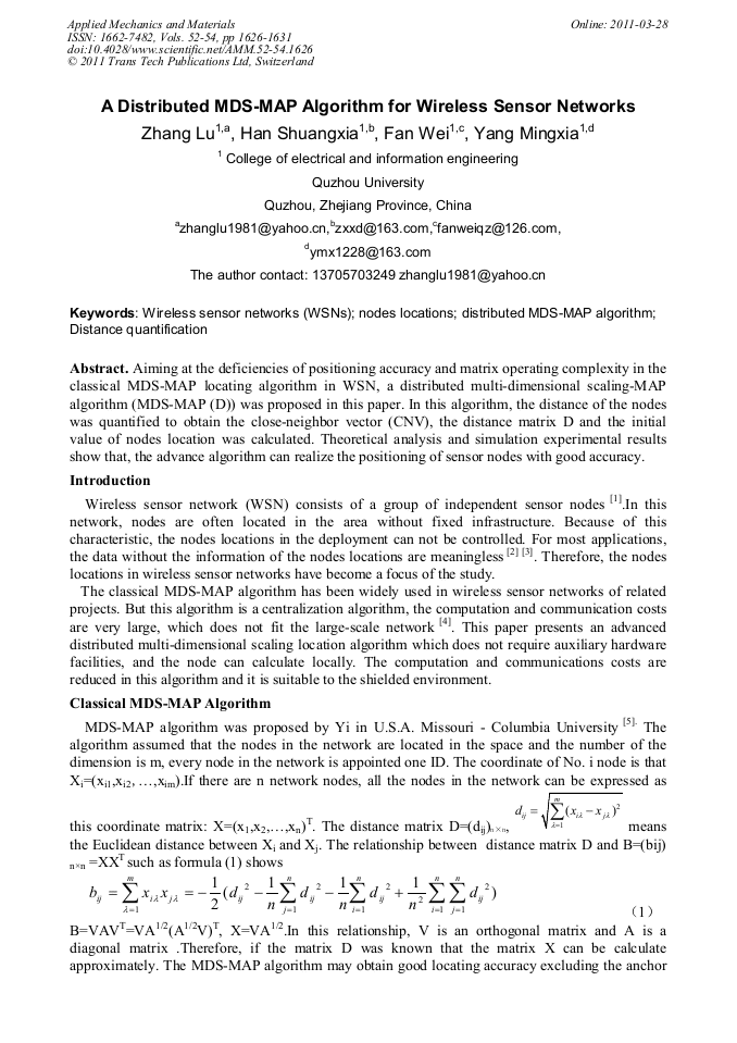 A Distributed MDS-MAP Algorithm for Wireless Sensor Networks | Scientific.Net