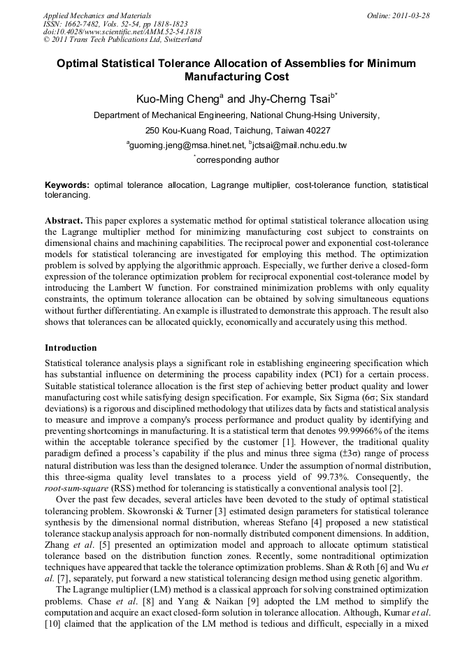 Optimal Statistical Tolerance Allocation of Assemblies for Minimum ...