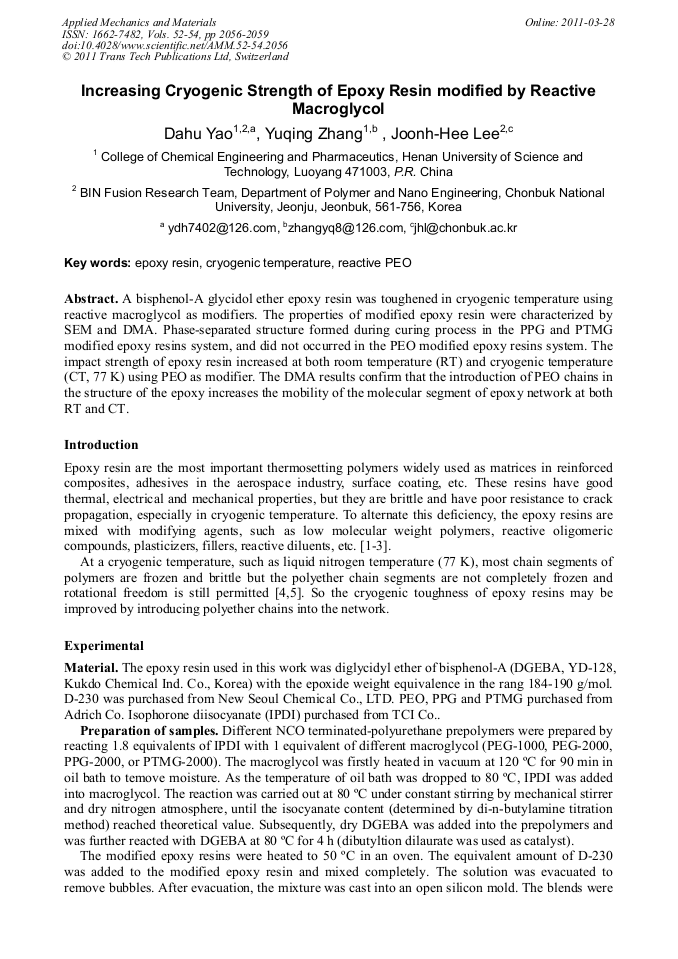 Increasing Cryogenic Strength of Epoxy Resin Modified by Reactive ...