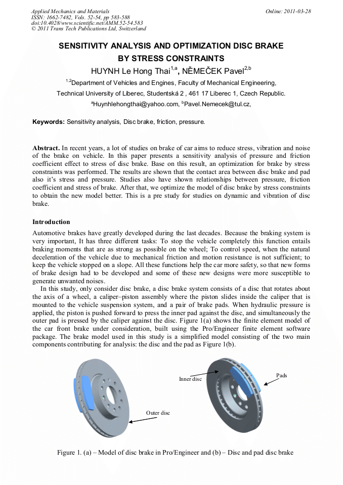 Sensitivity Analysis and Optimization Disc Brake by Stress Constraints ...