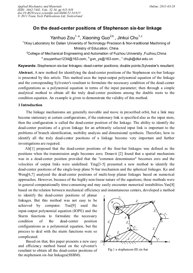 On the Dead-Center Positions of Stephenson Six-Bar Linkage | Scientific.Net