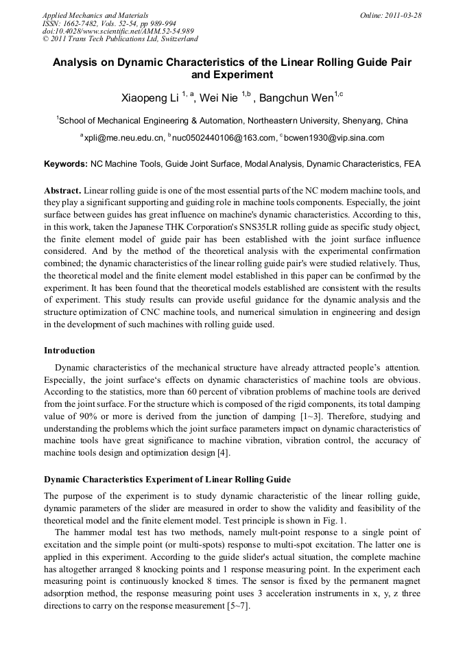 Analysis on Dynamic Characteristics of the Linear Rolling Guide Pair and Experiment | Scientific.Net