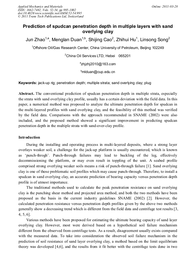 Prediction of Spudcan Penetration Depth in Multiple Layers with Sand ...