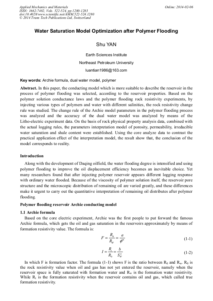 Water Saturation Model Optimization after Polymer Flooding | Scientific.Net