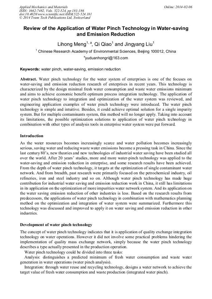 Review of the Application of Water Pinch Technology in Water-Saving and ...