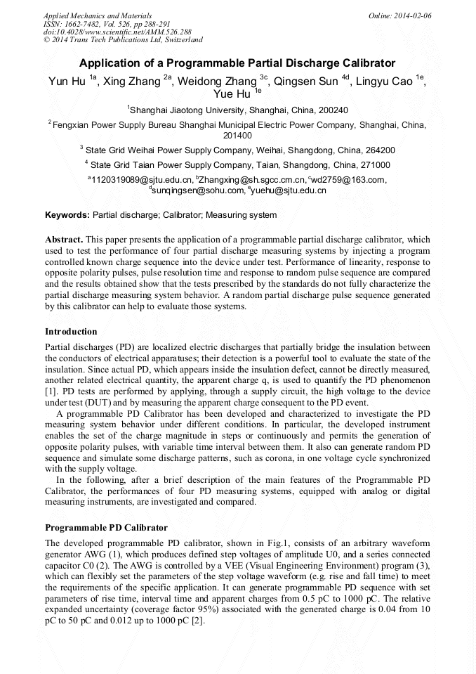Application of a Programmable Partial Discharge Calibrator | Scientific.Net