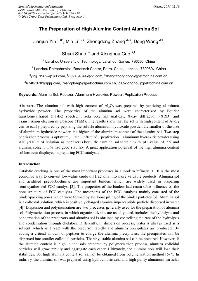 The Preparation of High Alumina Content Alumina Sol | Scientific.Net