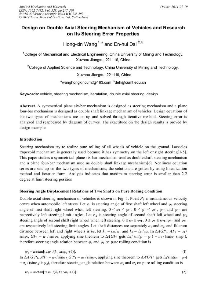 Design on Double Axial Steering Mechanism of Vehicles and Research on ...